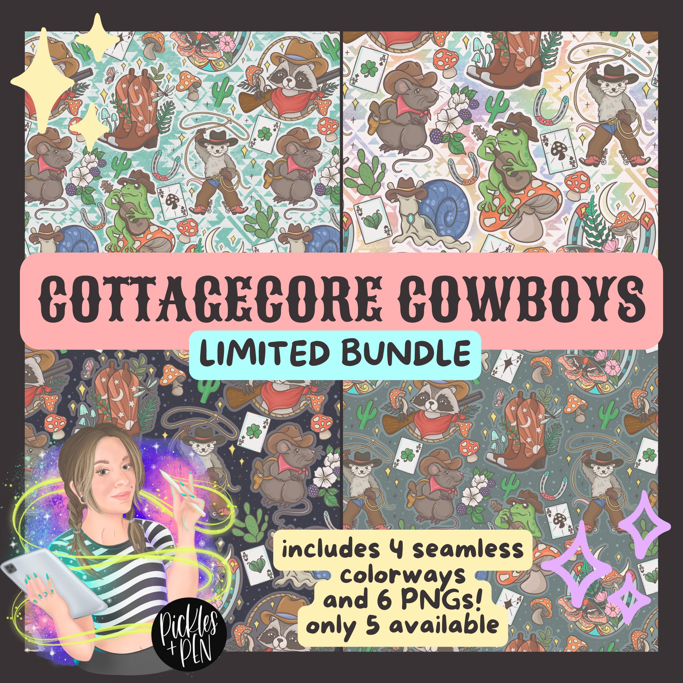 Cottagecore Cowboys FULL BUNDLE - 4 Seamless Colorways + 6 PNG Designs ...